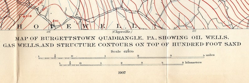 1907 Oil & Gas Well Map of Burgettstown Quadrangle Washington | Etsy