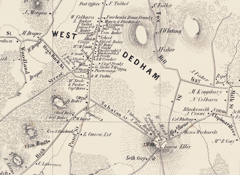1851 Town Map of Dedham Norfolk County Massachusetts | Etsy