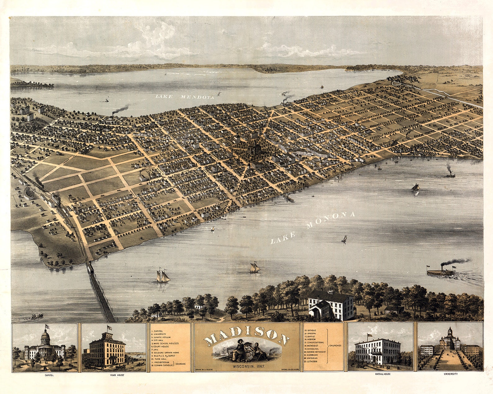 1867 Panoramic Map of Madison Wisconsin - Etsy