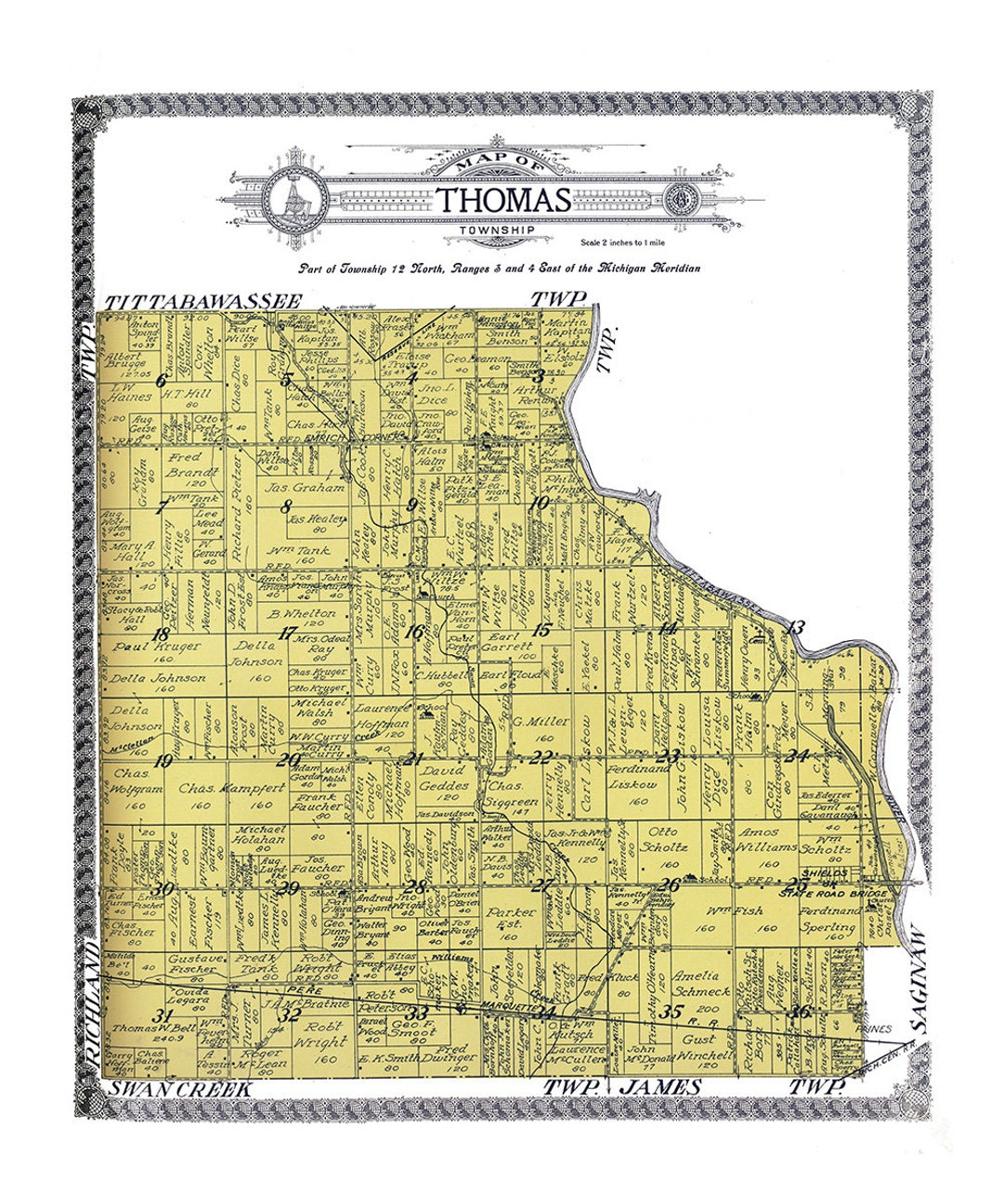 1916 Map of Thomas Township Saginaw County Michigan - Etsy