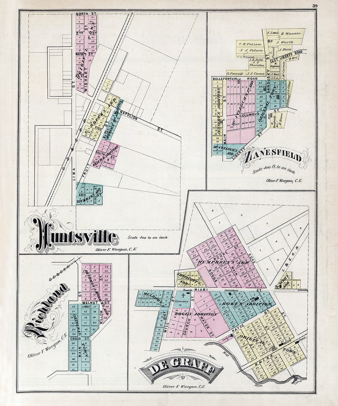 1875 Town Map of De Graff Richland Huntsville Zanesfield Logan County ...