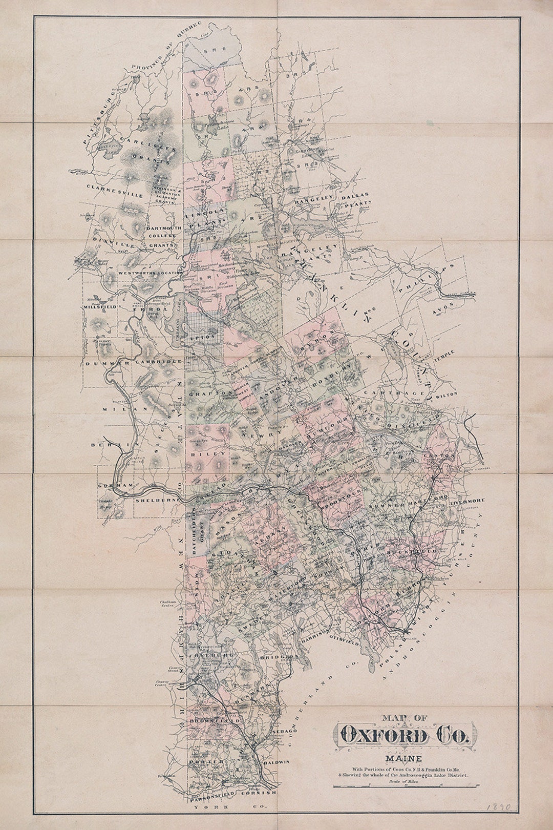 1890 Map of Oxford County Maine - Etsy