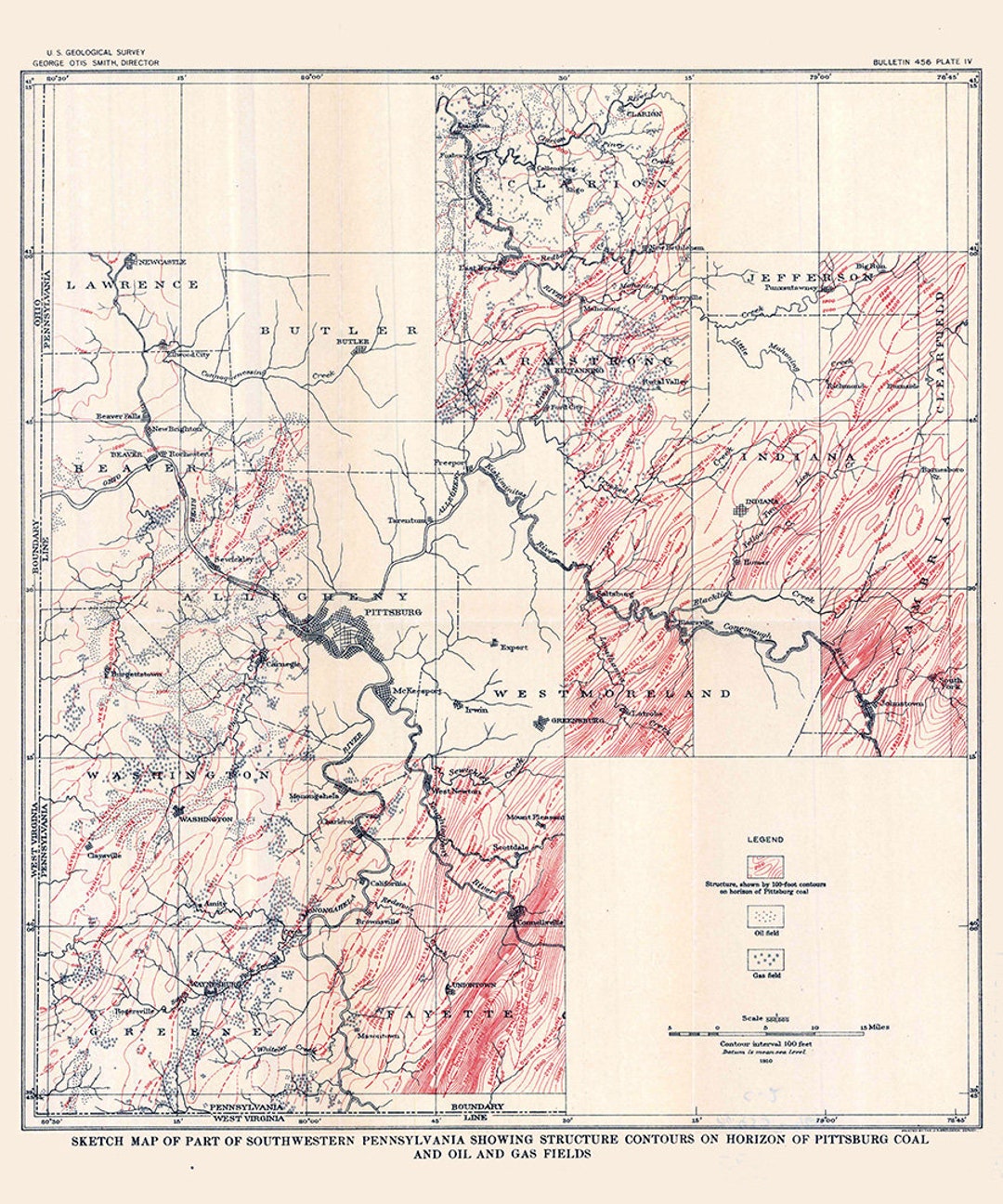 1910 Map of the Oil Fields of South Western Pennsylvania Greene County ...