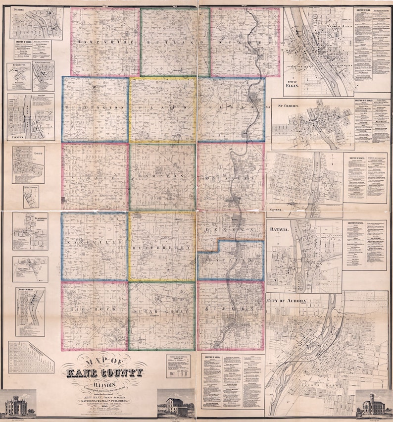 1860 Farm Line Map of Kane County Illinois Aurora - Etsy
