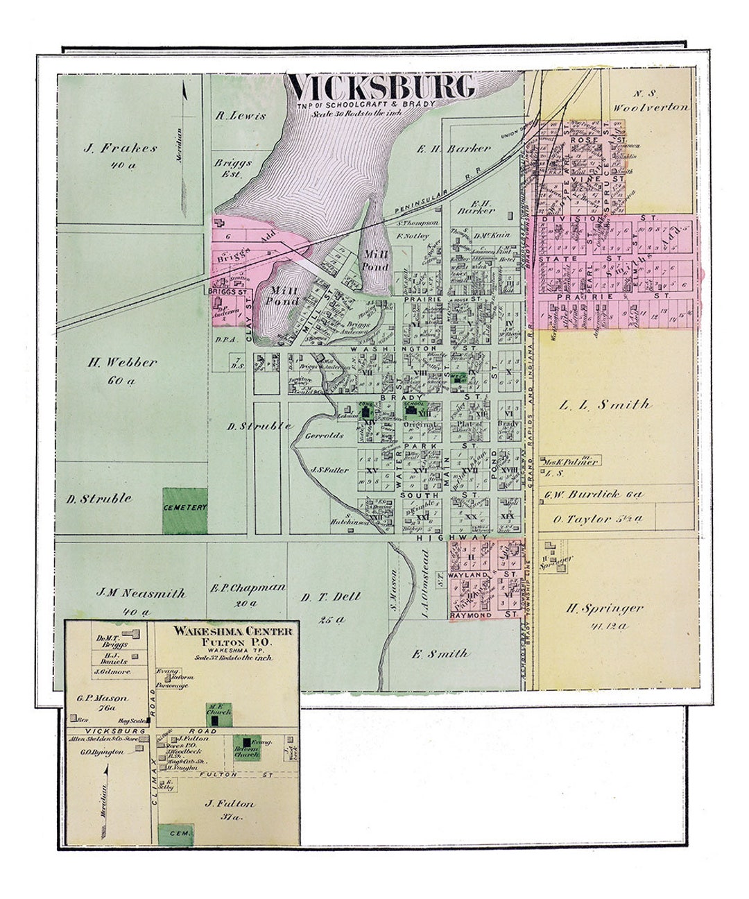 1873 Town Map of Vicksburg Kalamazoo County Michigan - Etsy