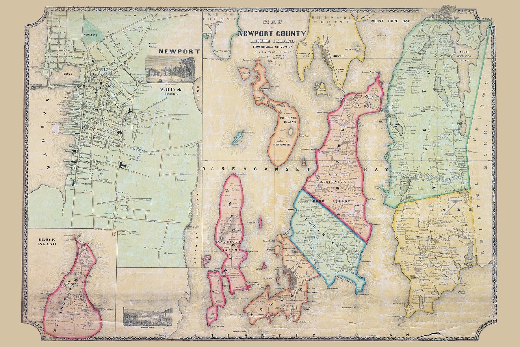 1850 Map of Newport County Rhode Island - Etsy