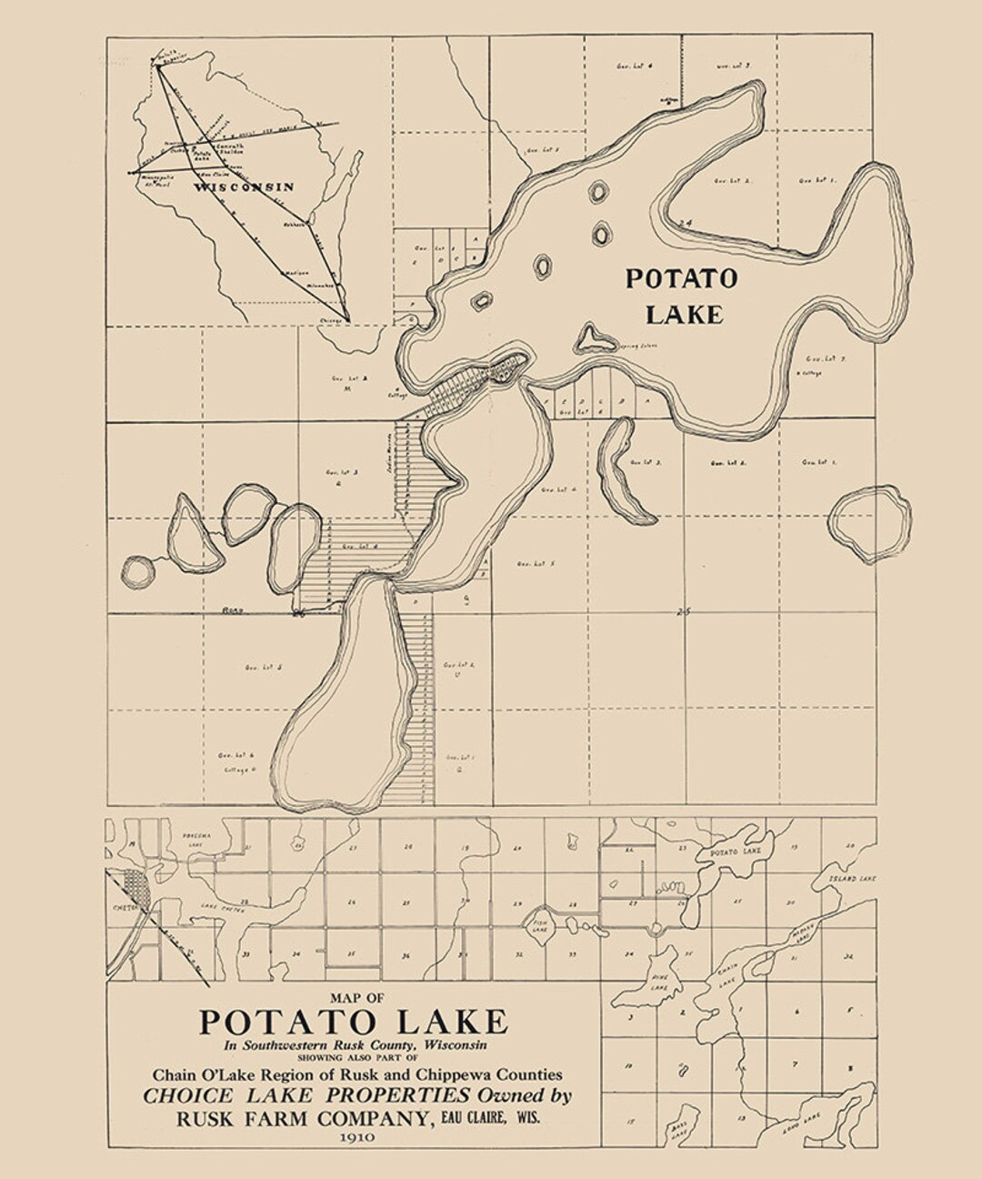 1910 Map of Potato Lake Rusk County Wisconsin - Etsy