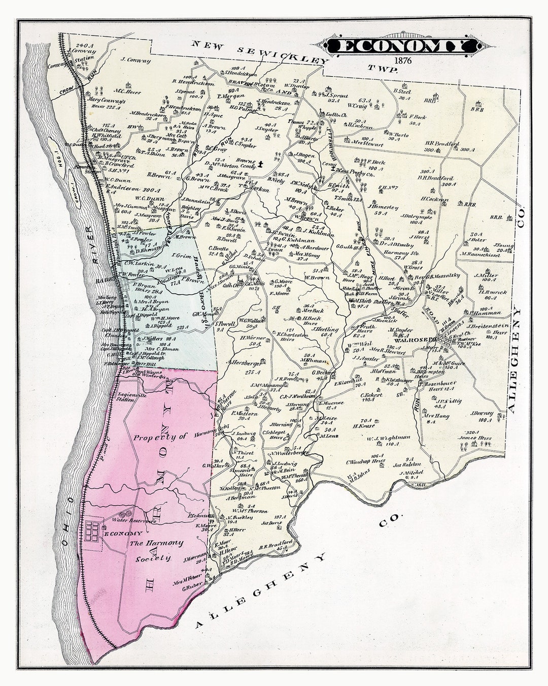 1876 Map of Economy Township Beaver County Pennsylvania - Etsy