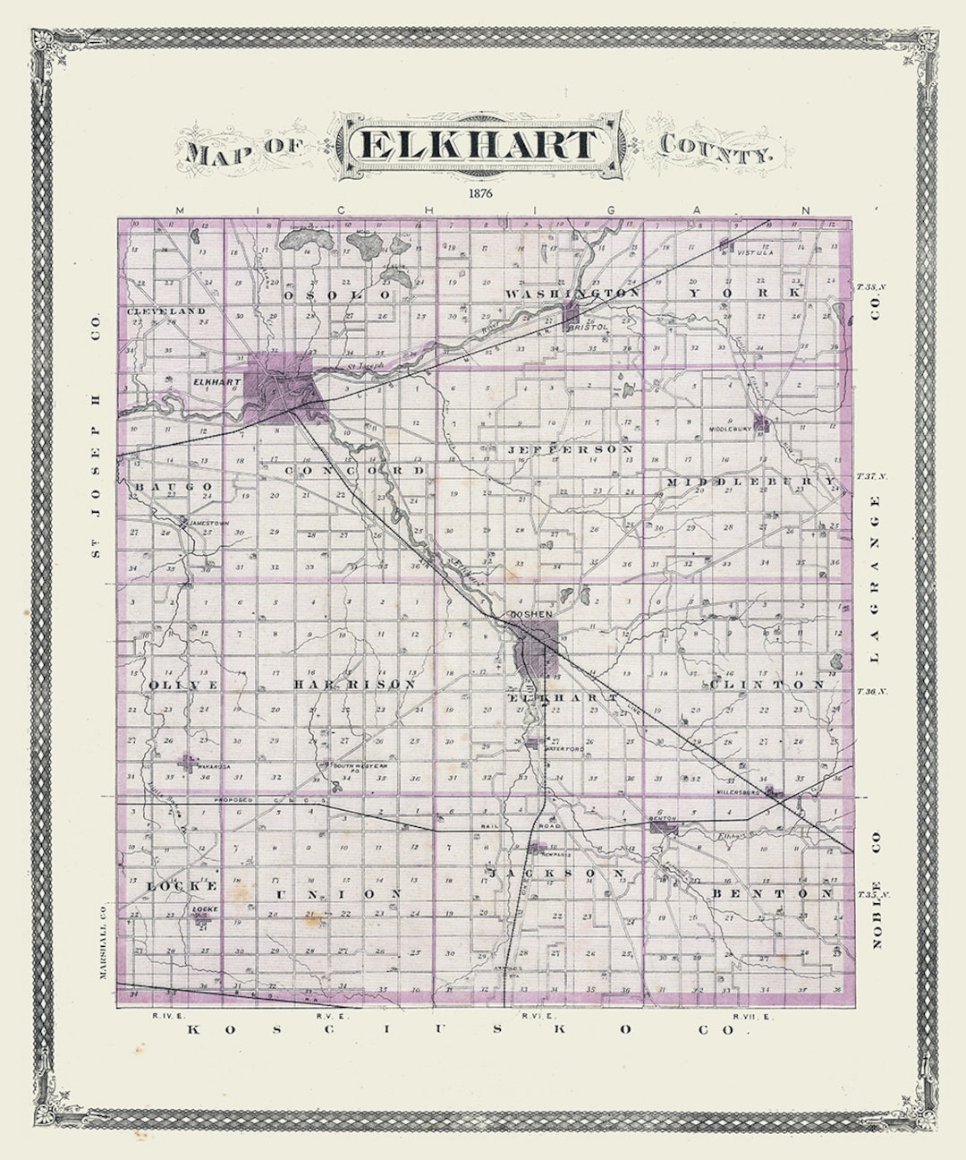 1876 Map of Elkhart County Indiana - Etsy
