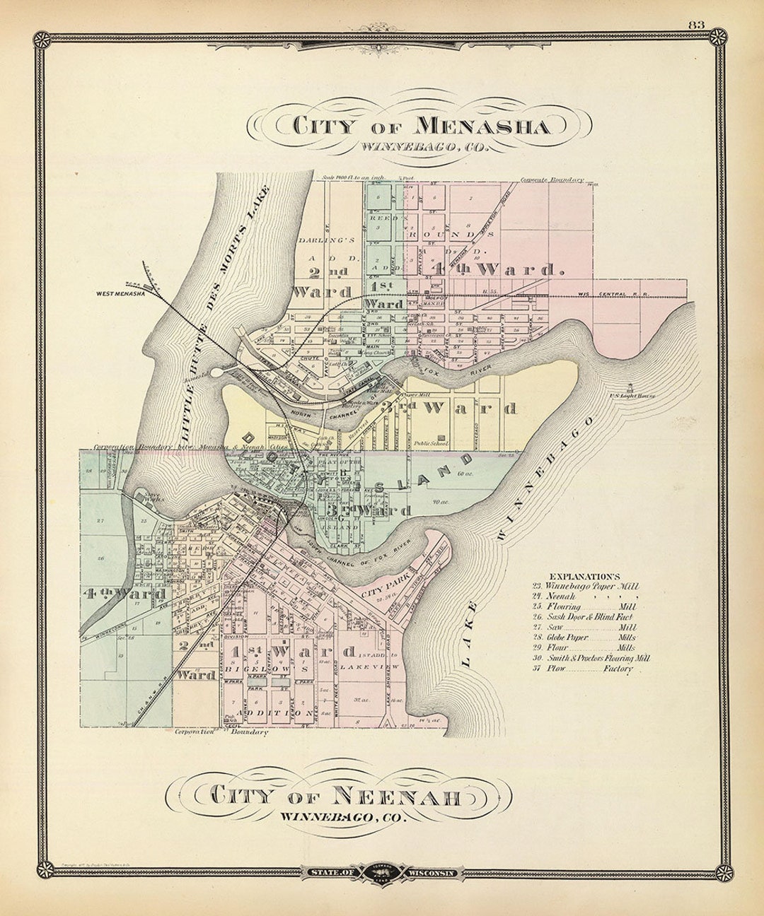 1878 Town Map of Menasha and Neenah Winnebago County Wisconsin - Etsy