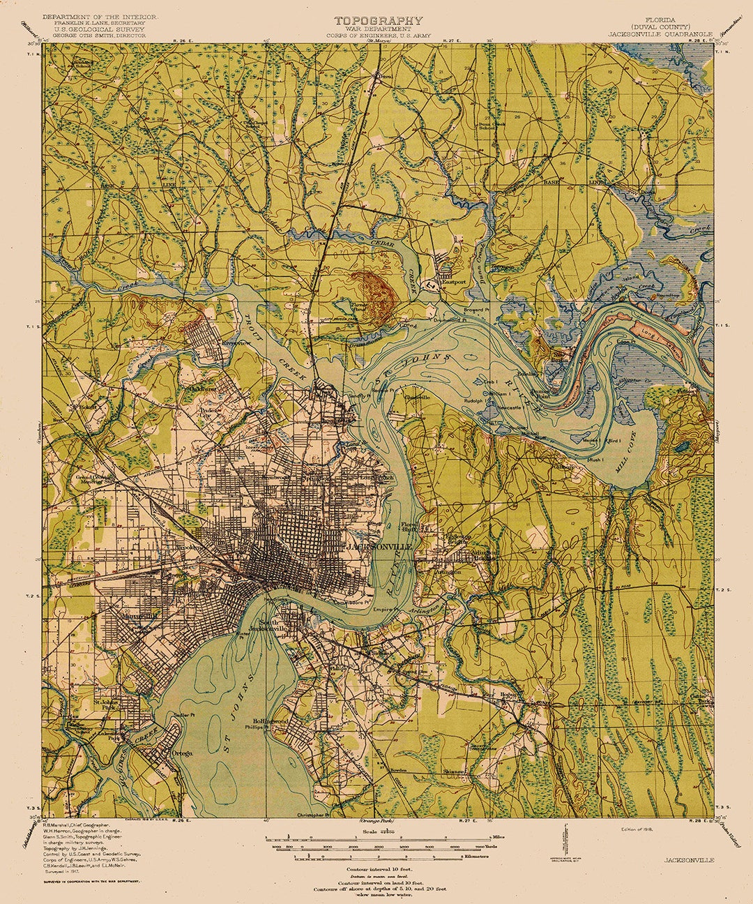 1918 Topo Map of Jacksonville Florida and Saint Johns River - Etsy