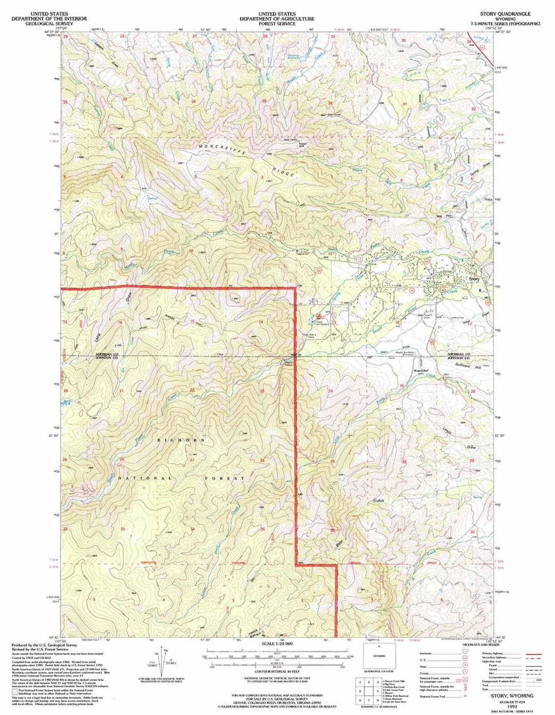 1993 Topo Map of Story Wyoming WY Bighorn Forest - Etsy