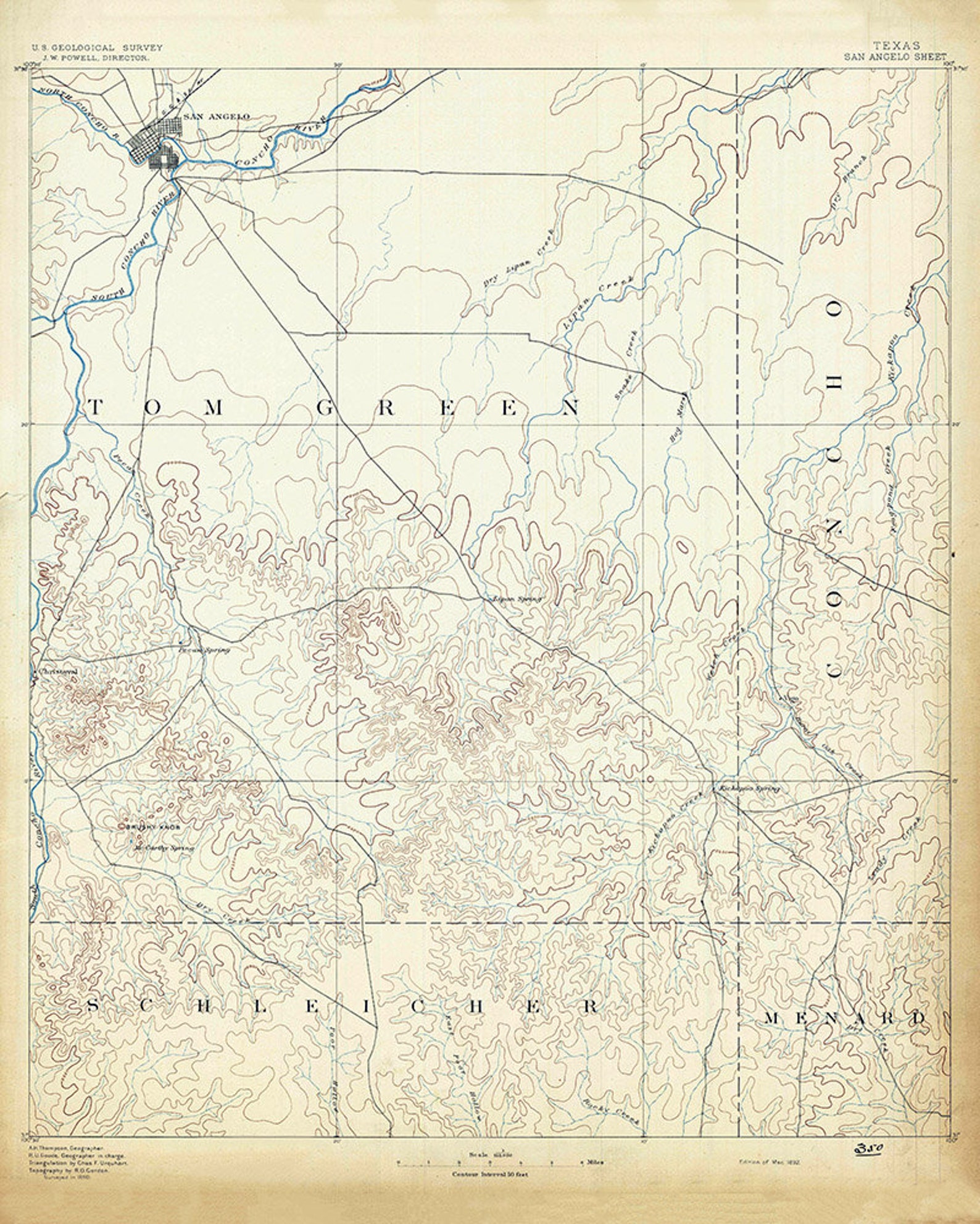 1892 Topo Map of San Angelo Texas - Etsy
