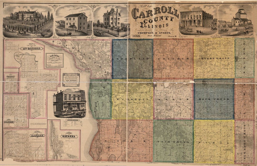 1869 Farm Line Map of Carroll County Illinois Mt Carroll - Etsy