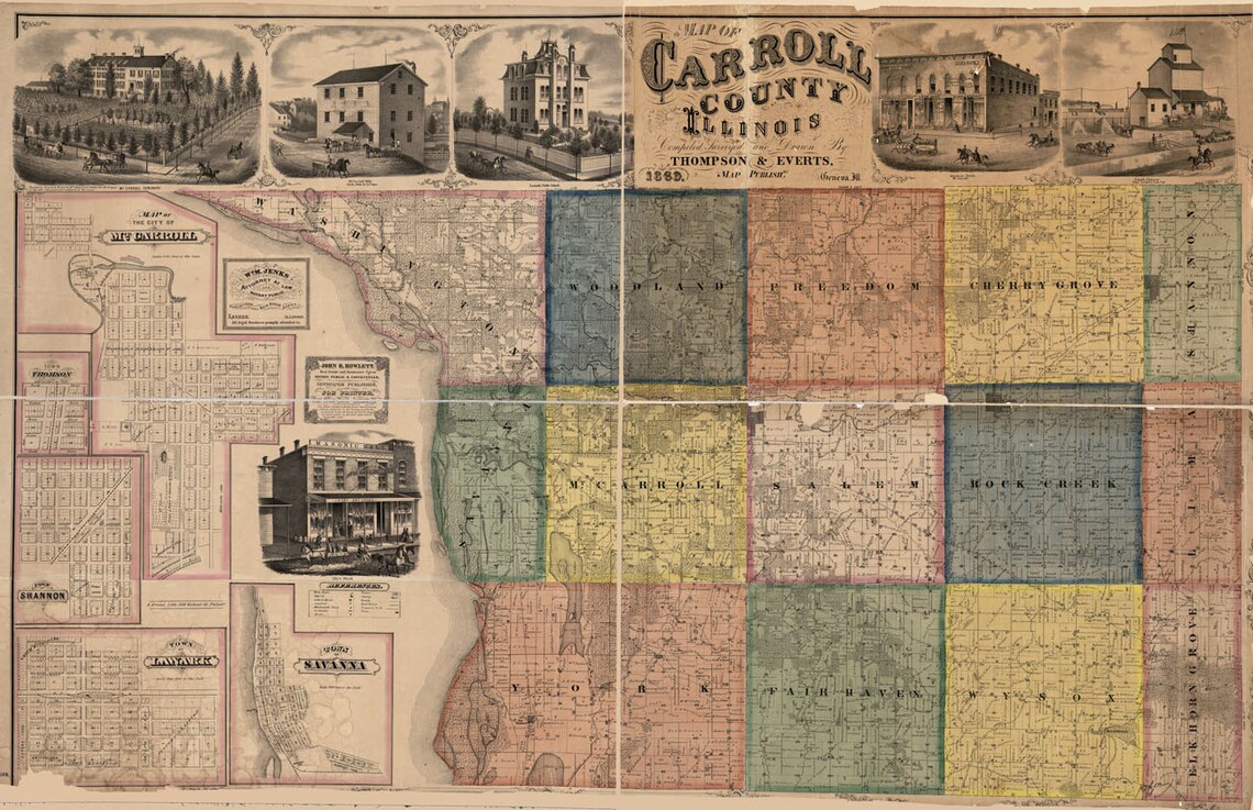 1869 Farm Line Map of Carroll County Illinois Mt Carroll - Etsy