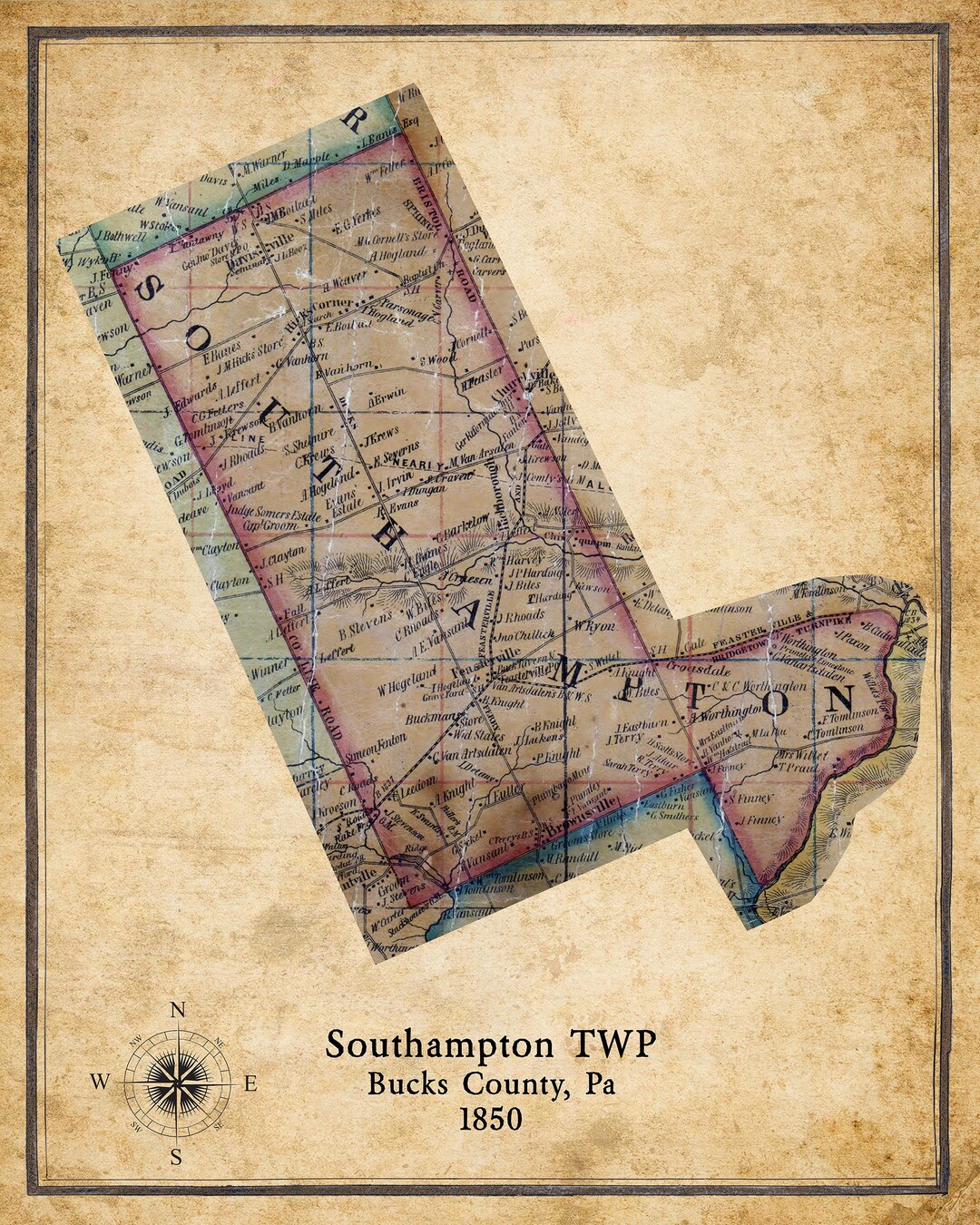 1850 Map of Southampton Township Bucks County Pennsylvania - Etsy