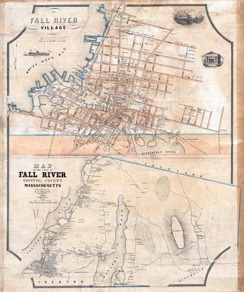 1850 Town Map of Fall River Bristol County Massachusetts - Etsy