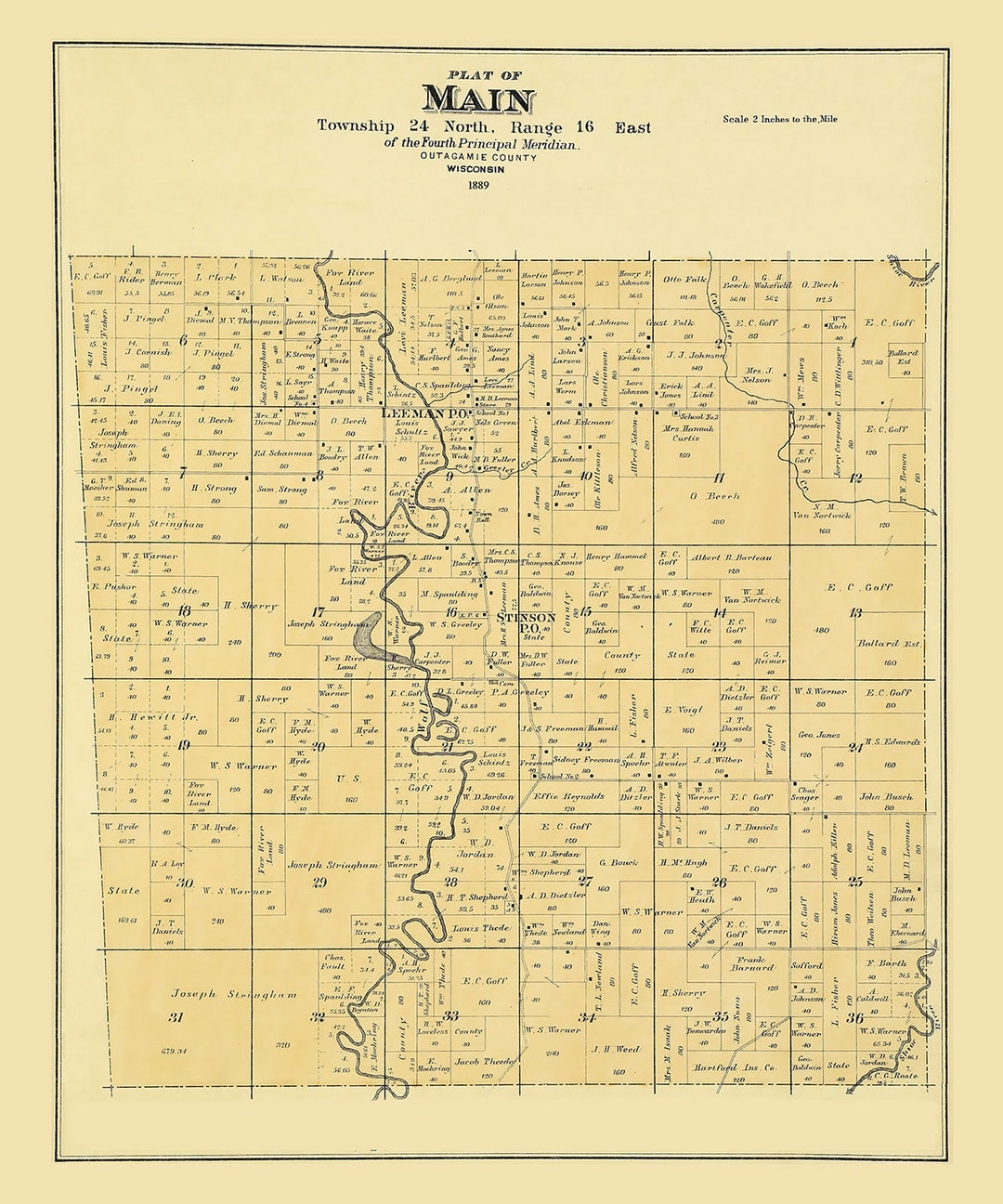 1889 Map of Main Township Outagamie County Wisconsin - Etsy