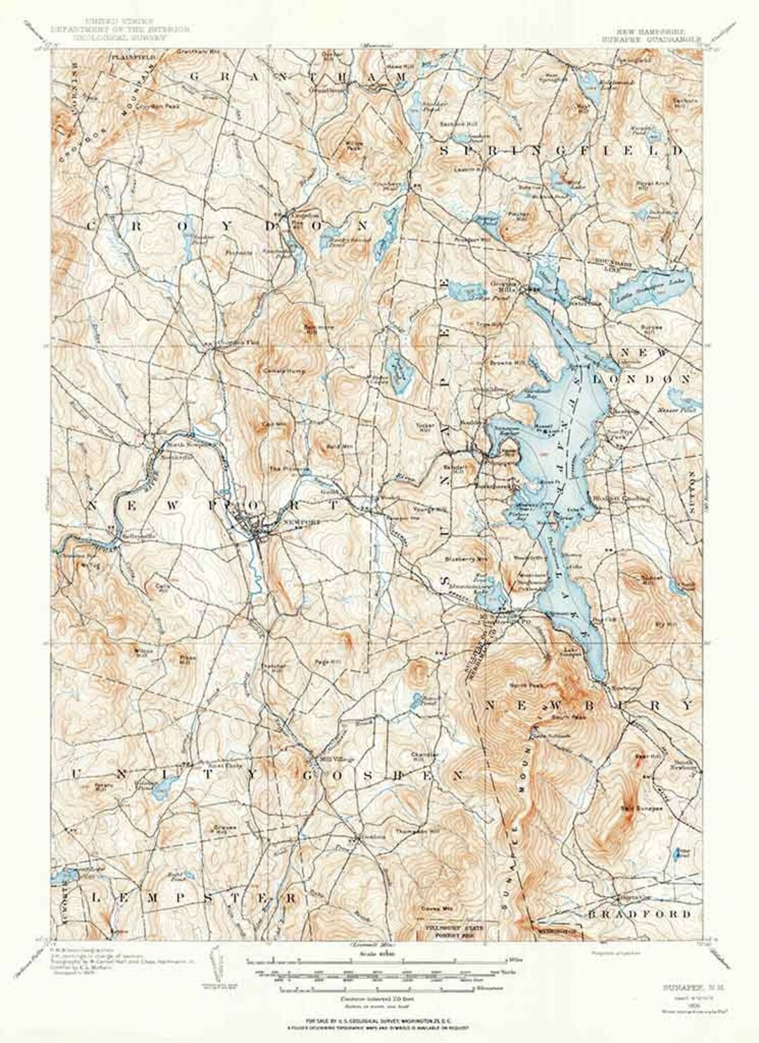 1902 Topo Map of Sunapee New Hampshire Quadrangle Sunapee Lake - Etsy