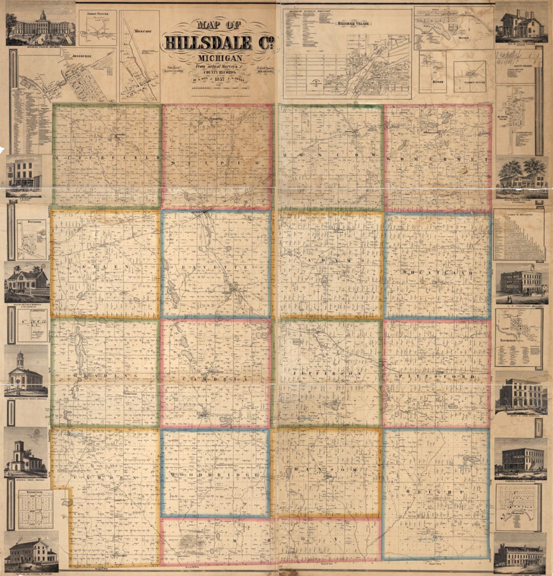 1857 Farm Line Map of Hillsdale County Michigan Jonesville Hillsdale ...