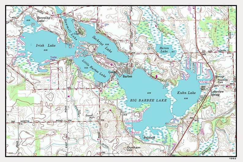 1992 Map of Big Barbee Lake Indiana - Etsy