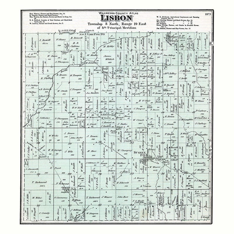 1873 Map of Lisbon Township Waukesha County Wisconsin - Etsy