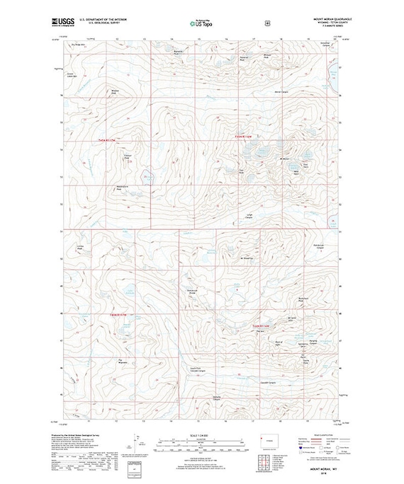2018 Topo Map of Mount Moran Teton County Wyoming Lake | Etsy