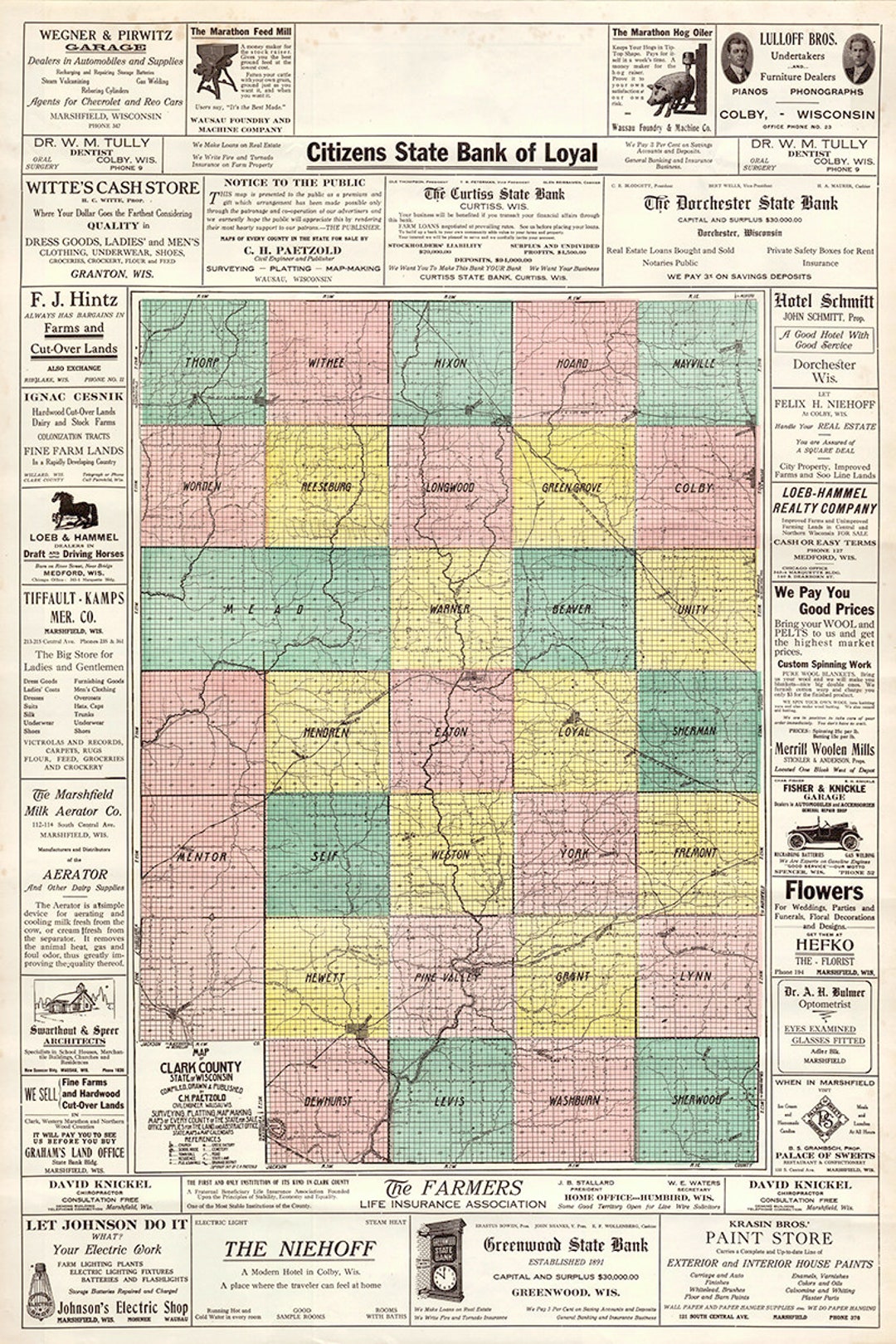 1917 Farm Line Map of Clark County Wisconsin Colored - Etsy
