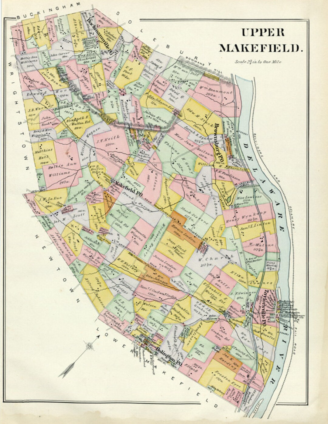 1891 Map of Upper Makefield Township Bucks County Pennsylvania - Etsy