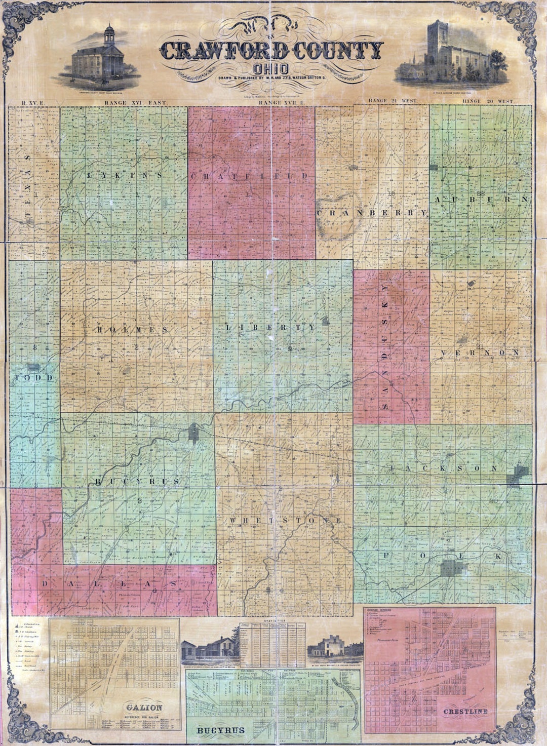 1850 Farm Line Map of Crawford County Ohio Galion Bucyrus - Etsy