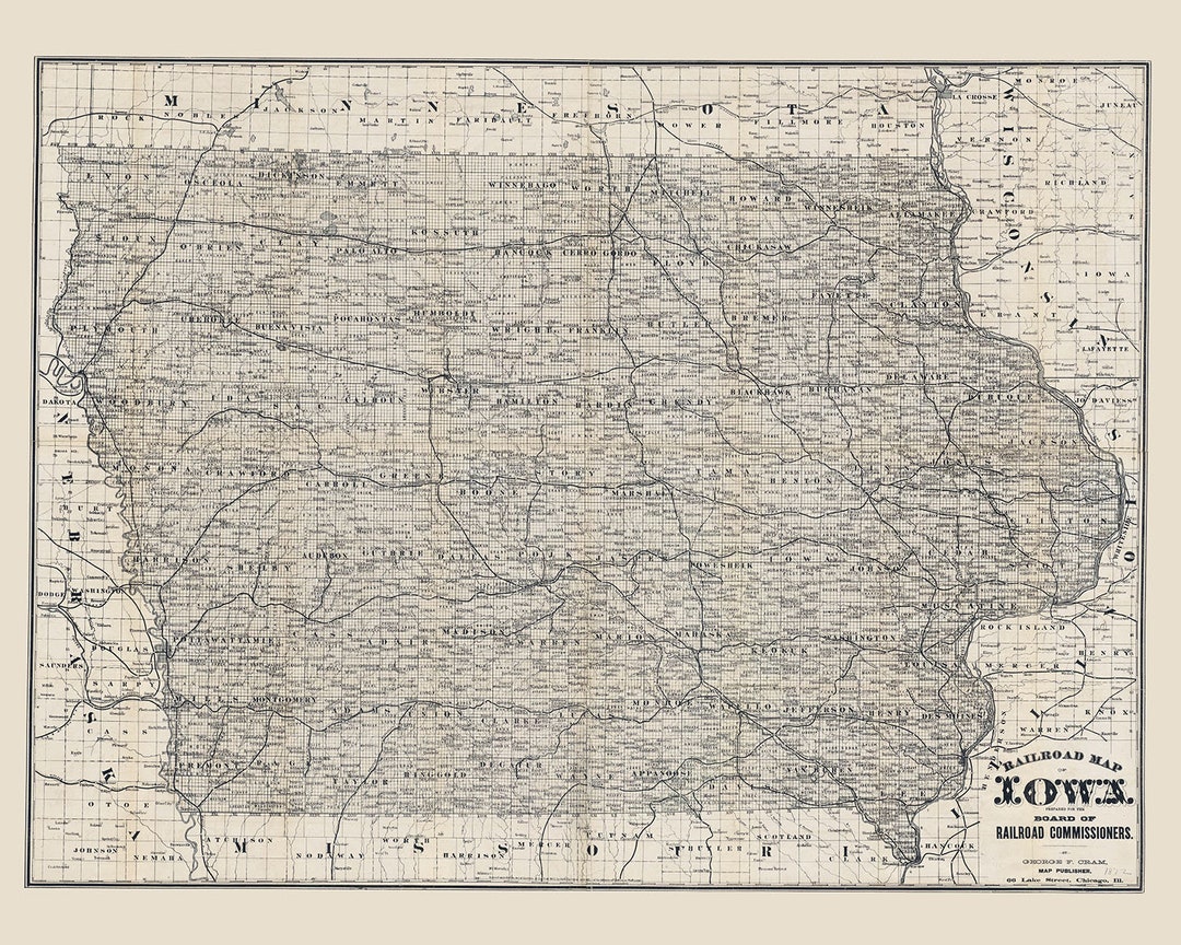 1872 Railroad Map of Iowa - Etsy