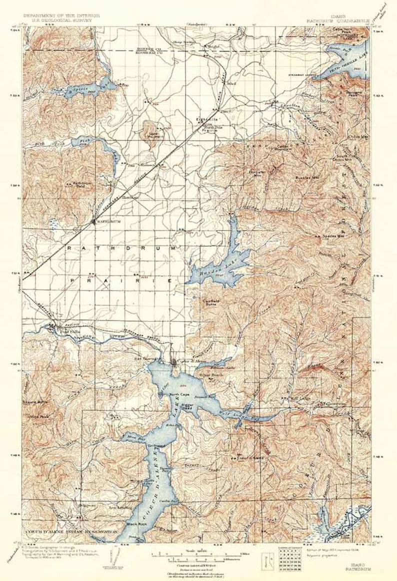 1903 Topo Map of Rathdrum Idaho Coeur D Alene Lake - Etsy