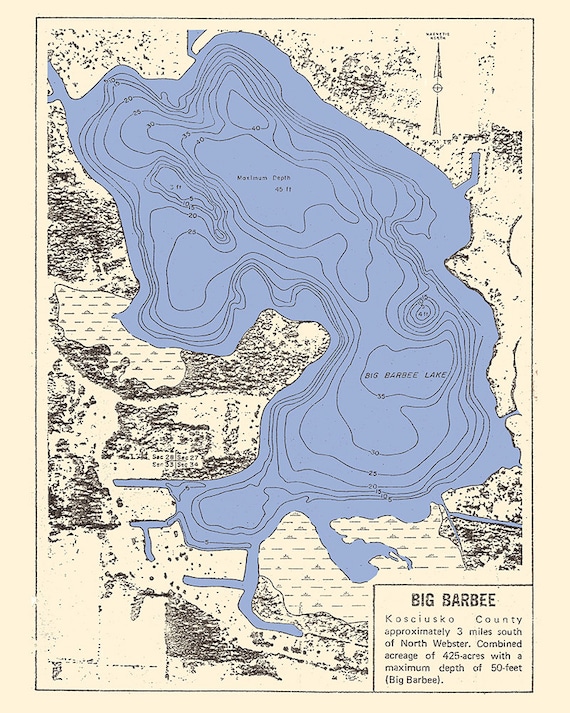 1940 Map of Big Barbee Lake Kosciusko County Indiana | Etsy