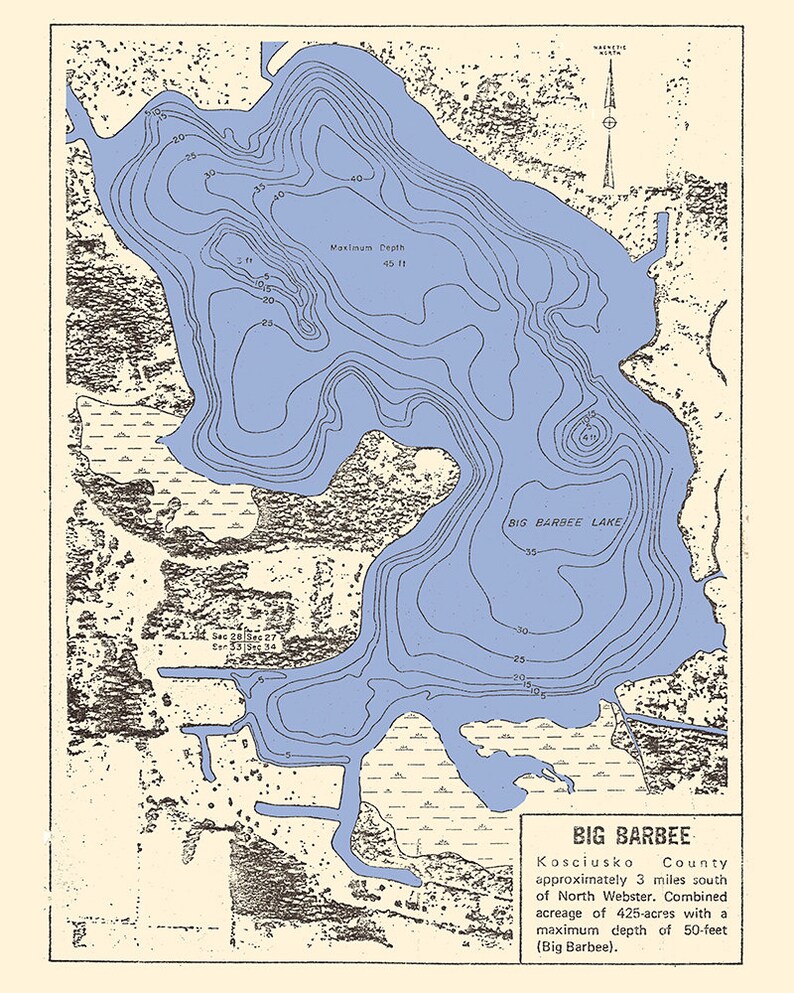 1940 Map of Big Barbee Lake Kosciusko County Indiana - Etsy