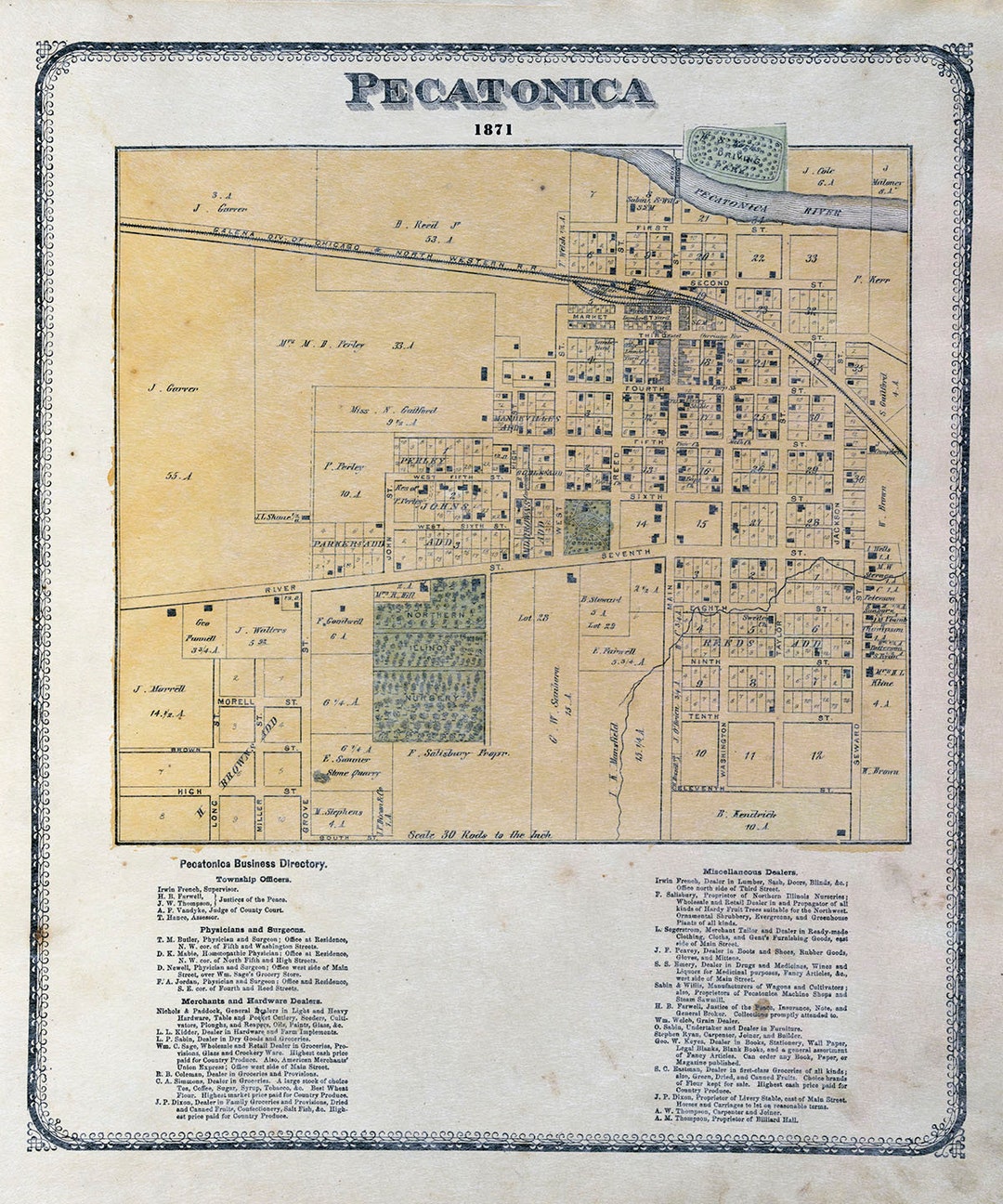 1871 Map of Pecatonica Winnebago County Illinois - Etsy
