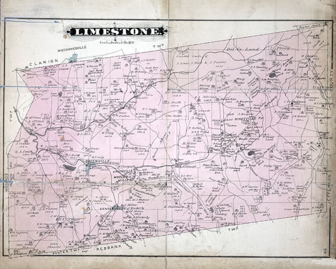 1877 Map of Limestone Township Clarion County Pennsylvania Oil Wells ...
