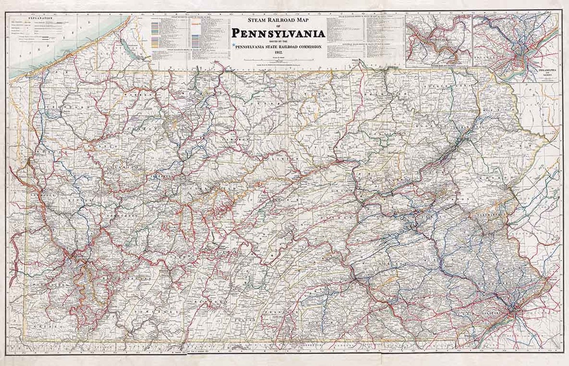 1912 Steam Railroad Map of Pennsylvania Pittsburgh Philadelphia - Etsy