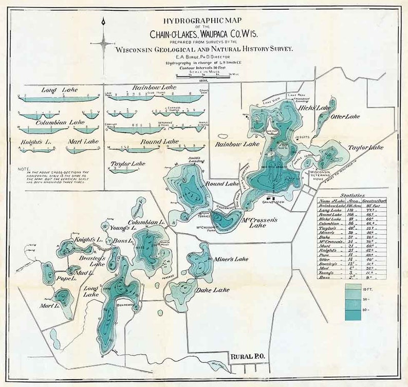 1898 Map of the Chain O Lakes Waupaca County Wisconsin - Etsy