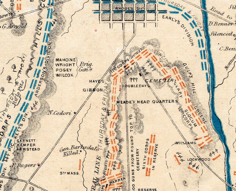 1864 Map of the Gettysburg Pennsylvania Battlefield Civil War - Etsy