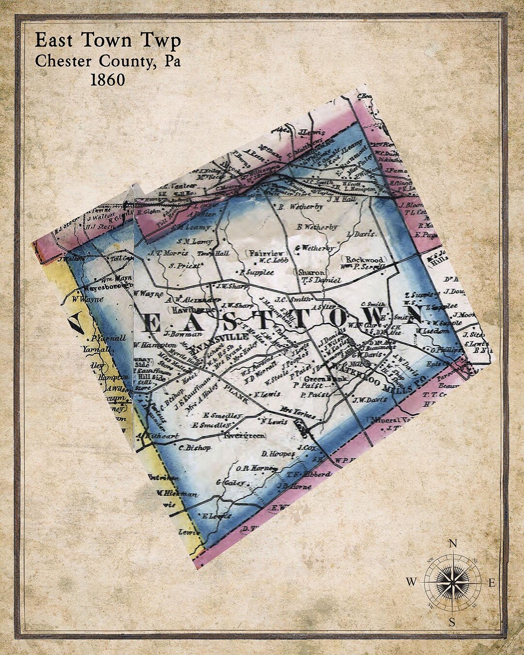 1860 Map of East Town Township Chester County Pa - Etsy