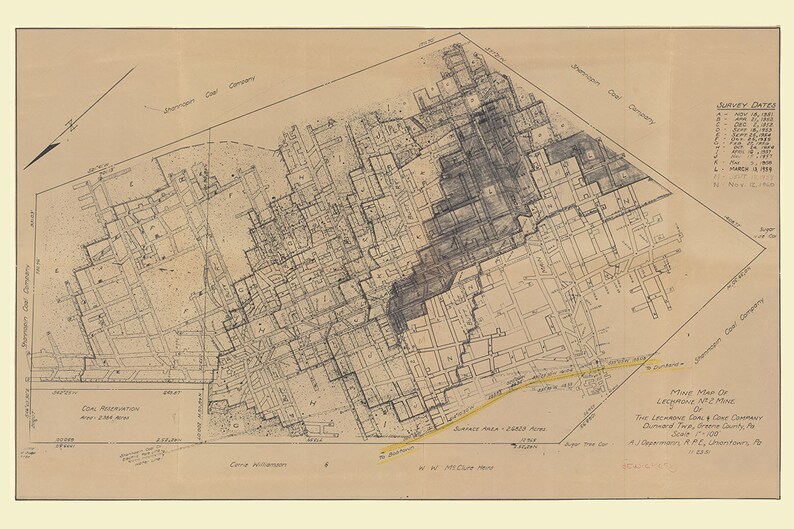 1951 Map of Leckrone 2 Mine Dunkard Township Greene County Pennsylvania ...