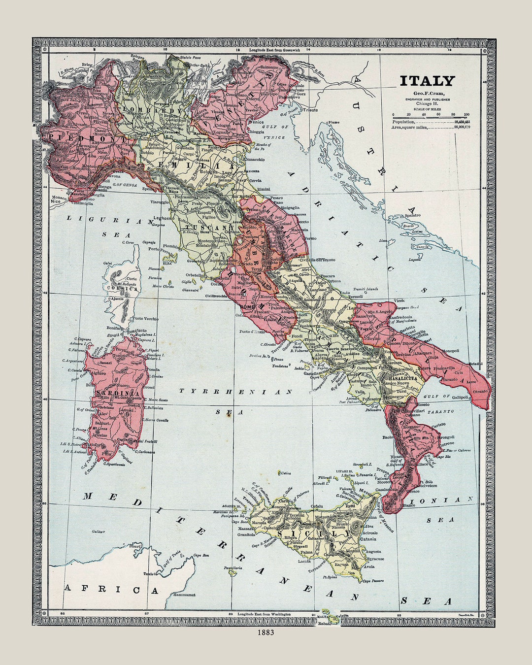 1883 Map of Italy - Etsy