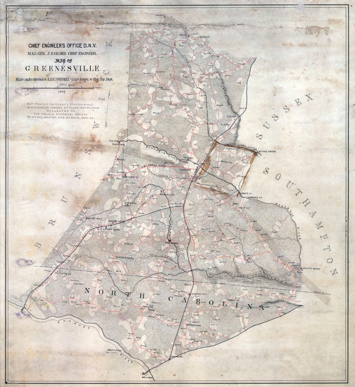 1864 Map of Greensville County Virginia Family Names Genealogy - Etsy