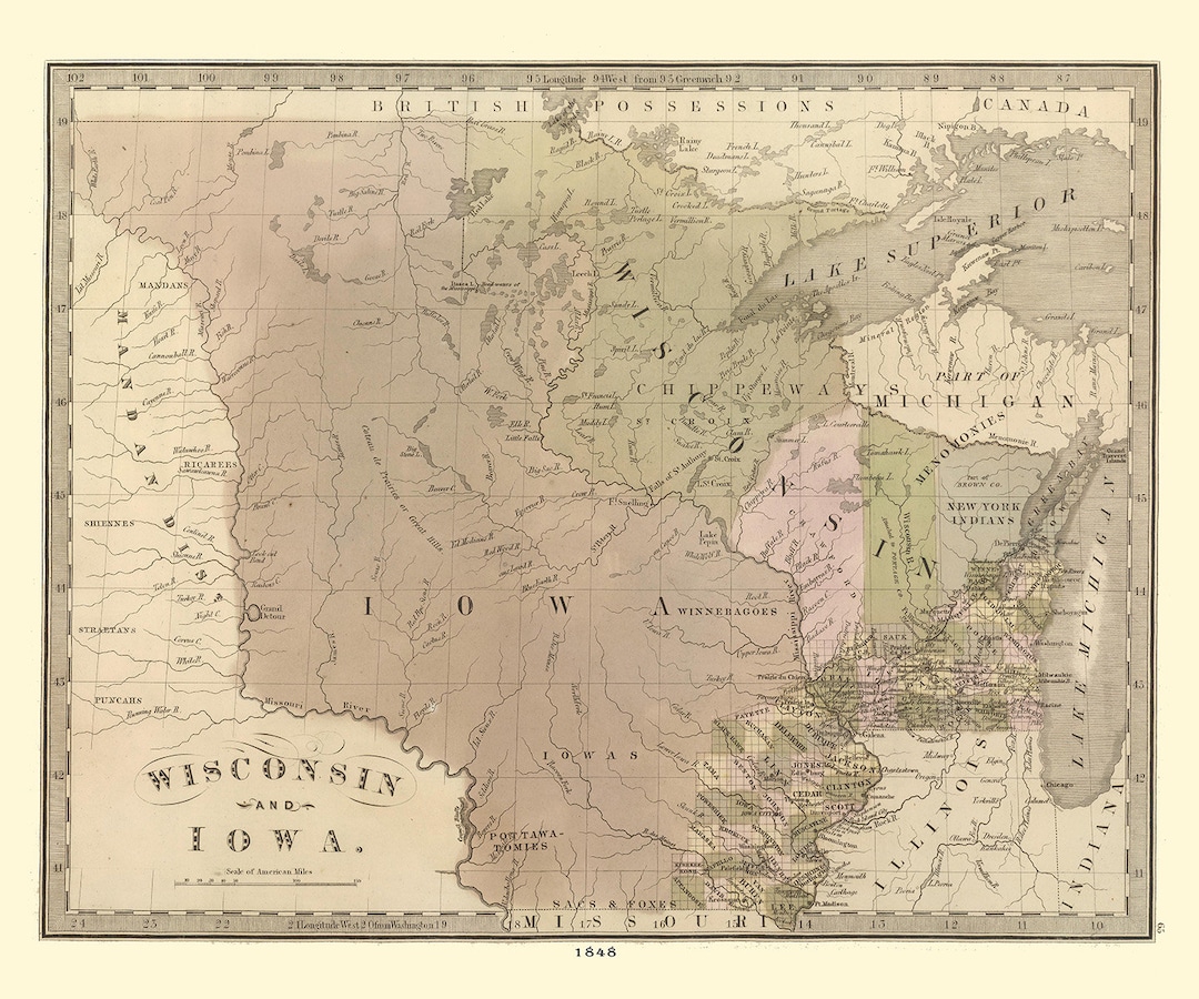 1848 Map of Wisconsin and Iowa - Etsy