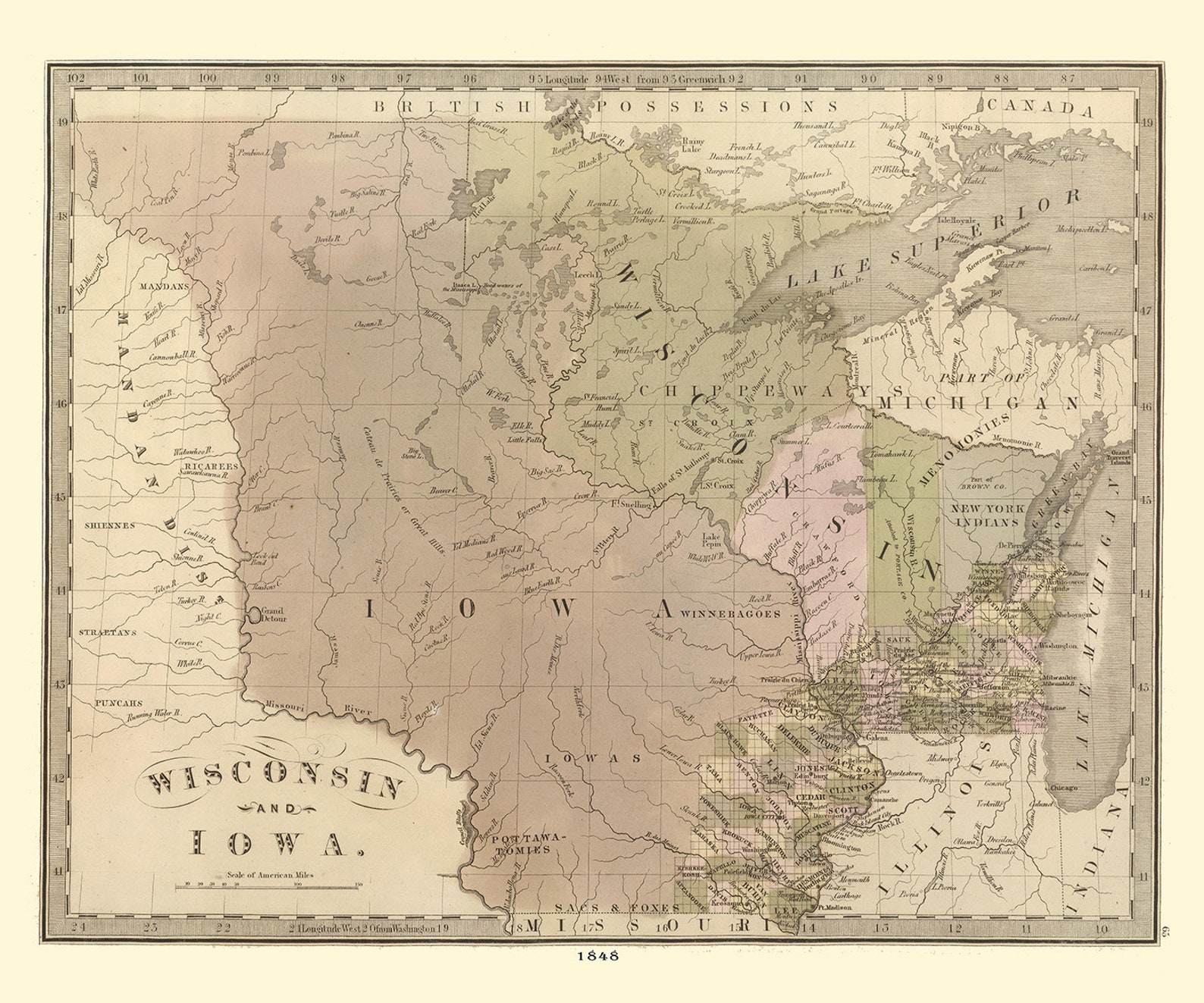 1848 Map of Wisconsin and Iowa - Etsy