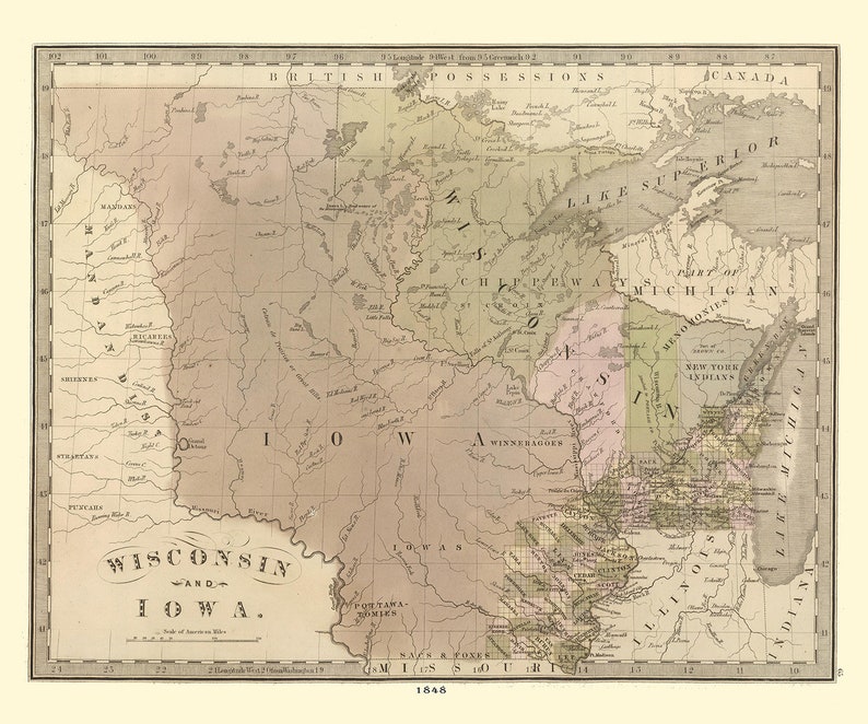 1848 Map of Wisconsin and Iowa - Etsy