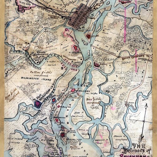 Savannah Harbor Map Art C.1864 11 X 16 Hand Drawn - Etsy UK