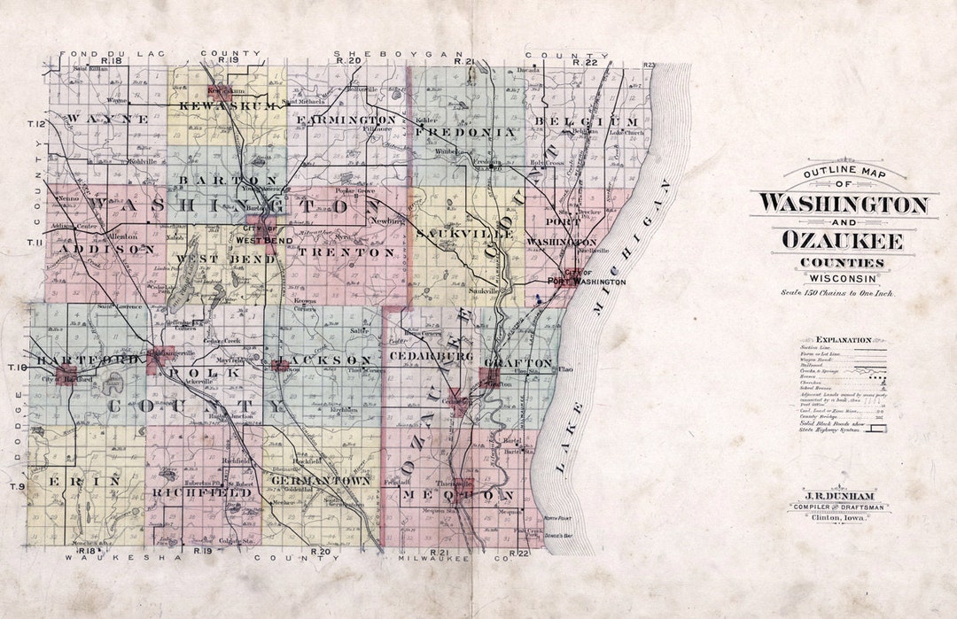 1915 Map of Washington & Ozaukee County Wisconsin - Etsy