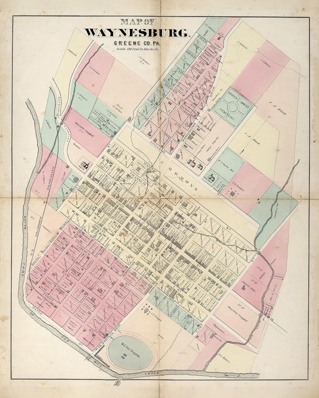 1876 Map of Waynesburg Greene County Pennsylvania Caldwells Atlas - Etsy