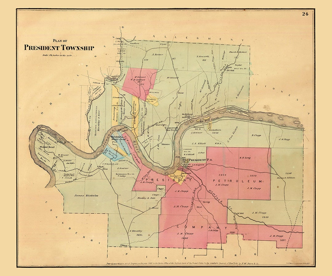 1865 Map of President Township Venango County Pennsylvania Oil Region ...
